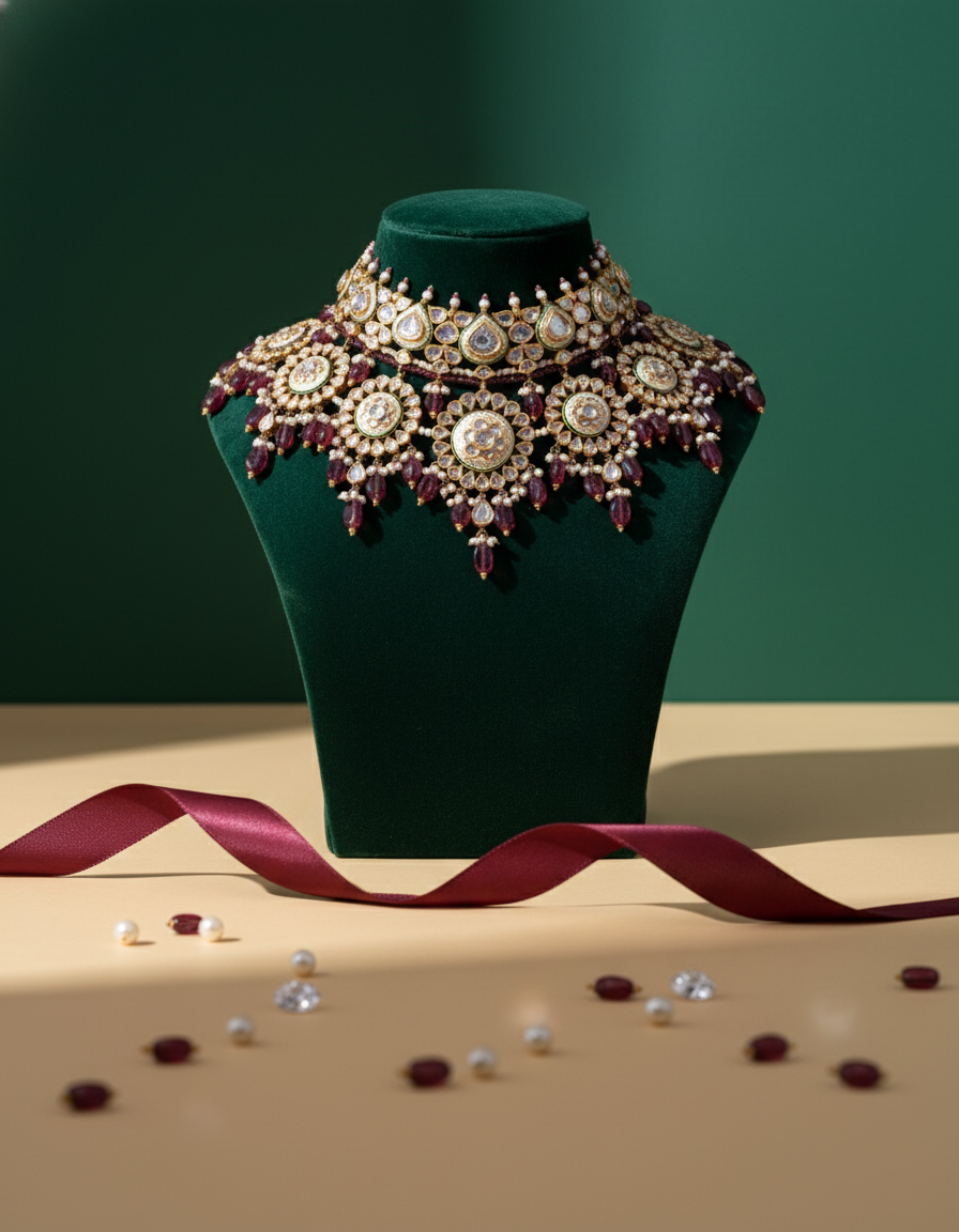 Polki Uncut Diamond Fancy Necklace with Enamal Backing